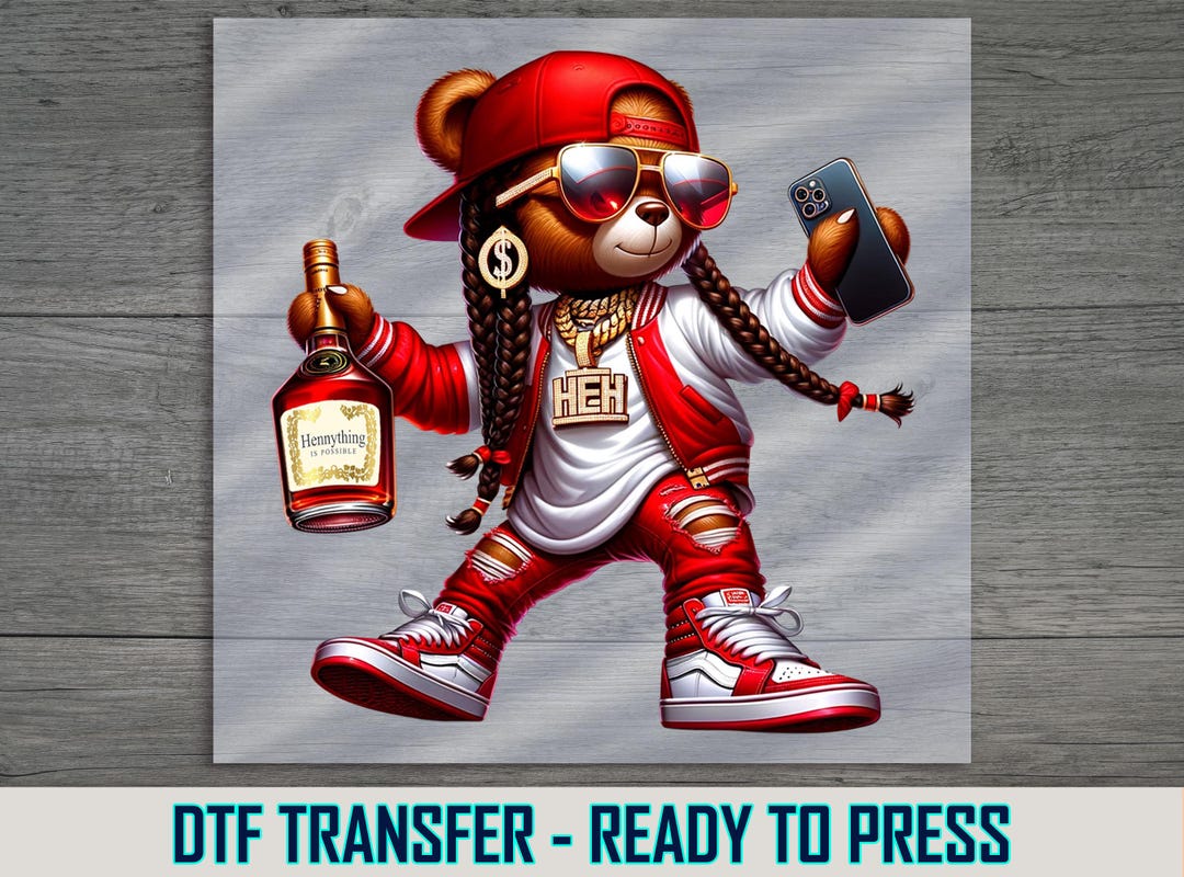 Hip Hop Bear DTF Transfer, Red Outfit Design, Ready to Press, DIY ...