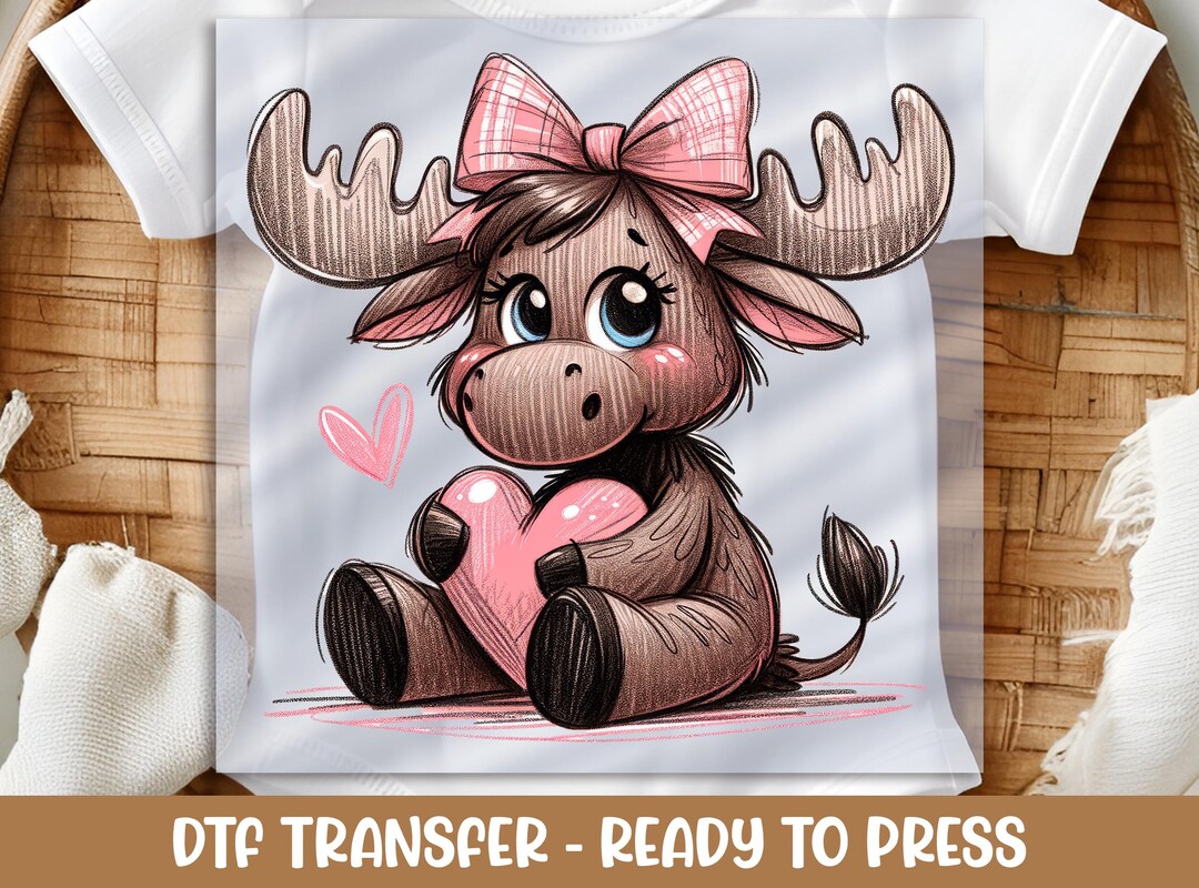 Adorable Moose DTF Transfer, Pink Heart Valentine's Design, DIY Ready Iron-on Art, Perfect for ...