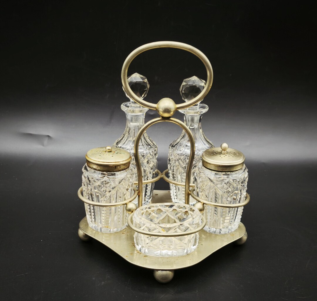 Antique EPNS Cruet Set, Vintage Cut Glass Condiment Set, Elegant ...