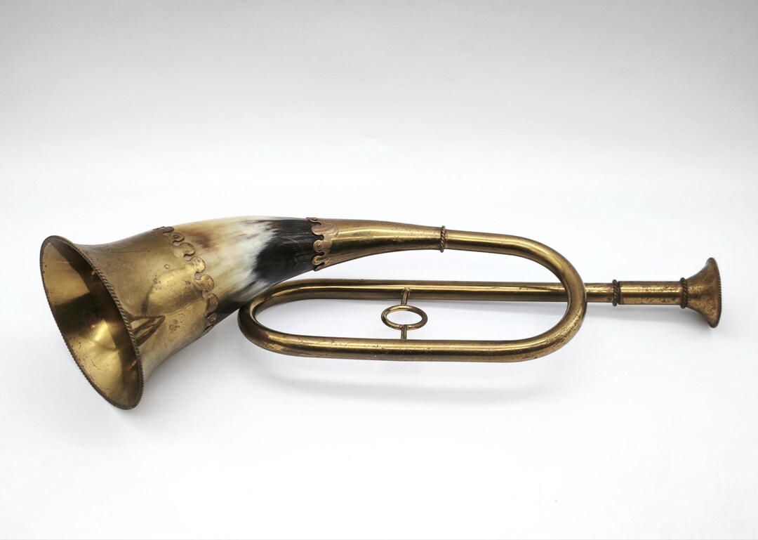 Vintage Brass Bugle With Cow Horn, Collectable Military Instrument ...