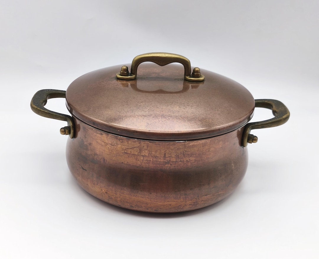 Vintage Hammered Copper Casserole Pot, Brass Handles Stainless Steel ...