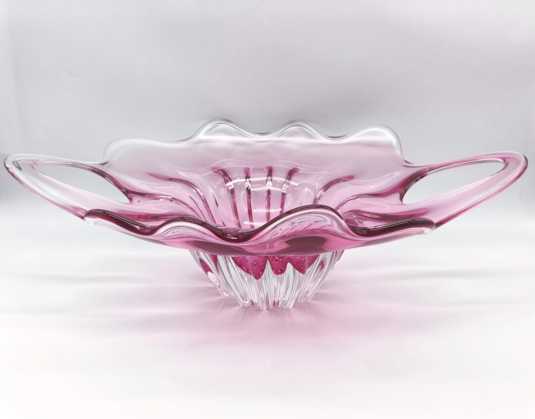 Vintage Large Bohemian Pink & Clear Glass Bowl, Sculptural Centrepiece ...