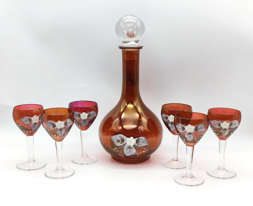 Antique Art Nouveau Liqueur Set, Bohemian Iridescent Ruby Glass ...