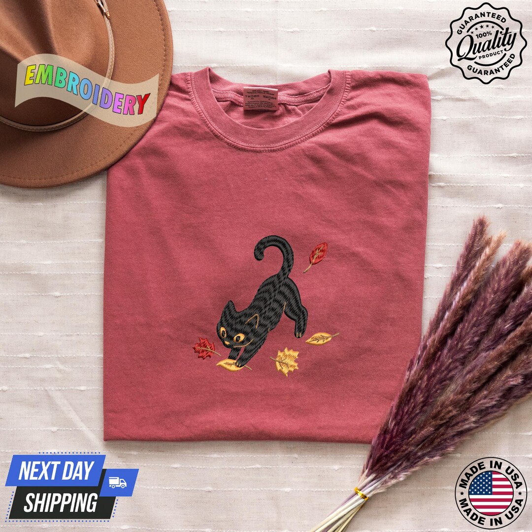 Black Cat Pouncing Autumn Leaves Comfort Colors Tee, Embroidered ...