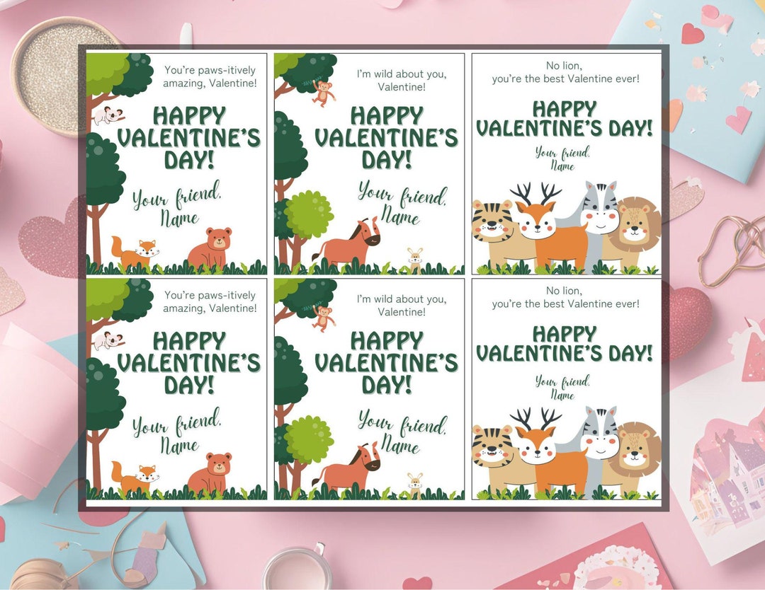 Children's Valentine's Day Card Animal Theme Digital Download Editable ...