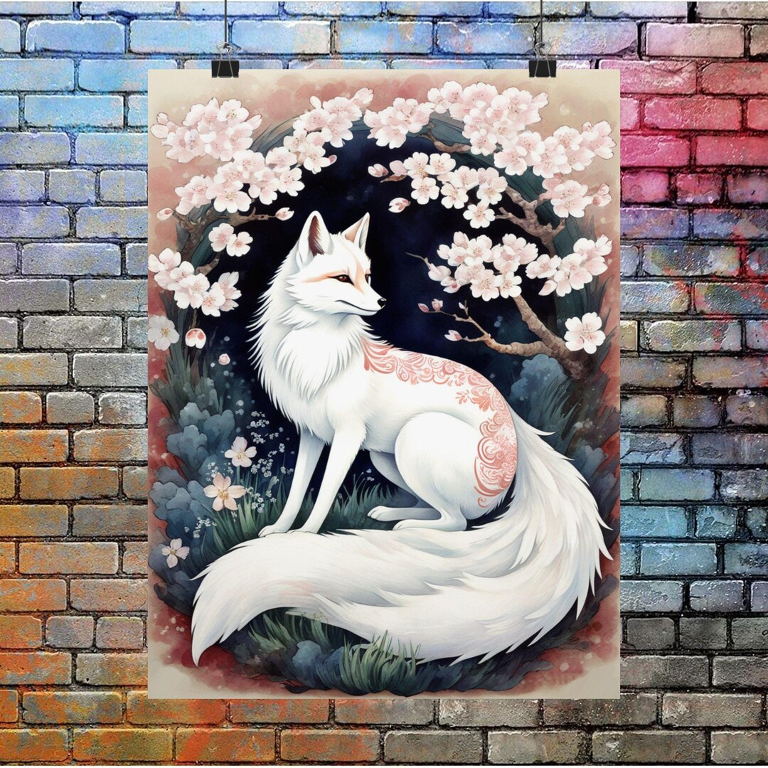 Vertical Kitsune Poster, Japanese Wall Art, Watercolor Painting, Sakura ...