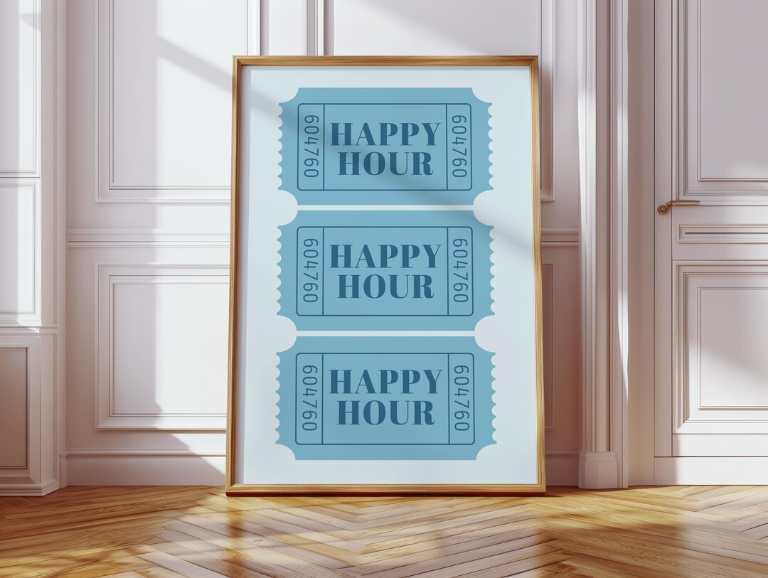 Happy Hour Blue Ticket Wall Art Print Retro Ticket Design for Home Deco ...