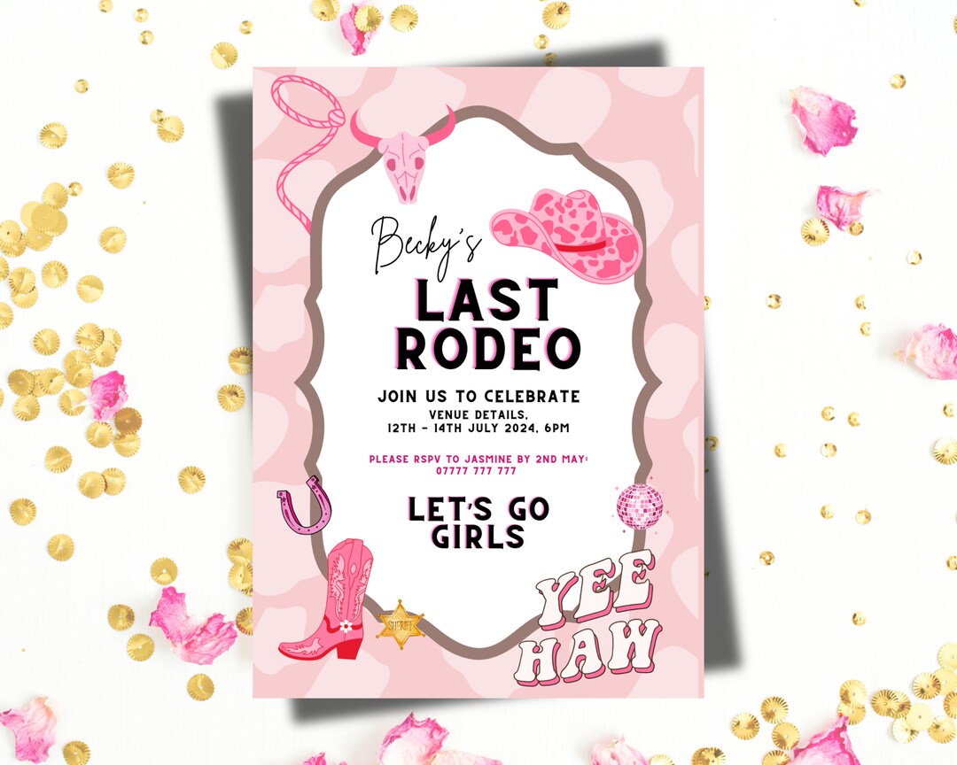 LAST RODEO Hen Do Party Invitation Canva Download Pink Cowboy Hen Theme ...