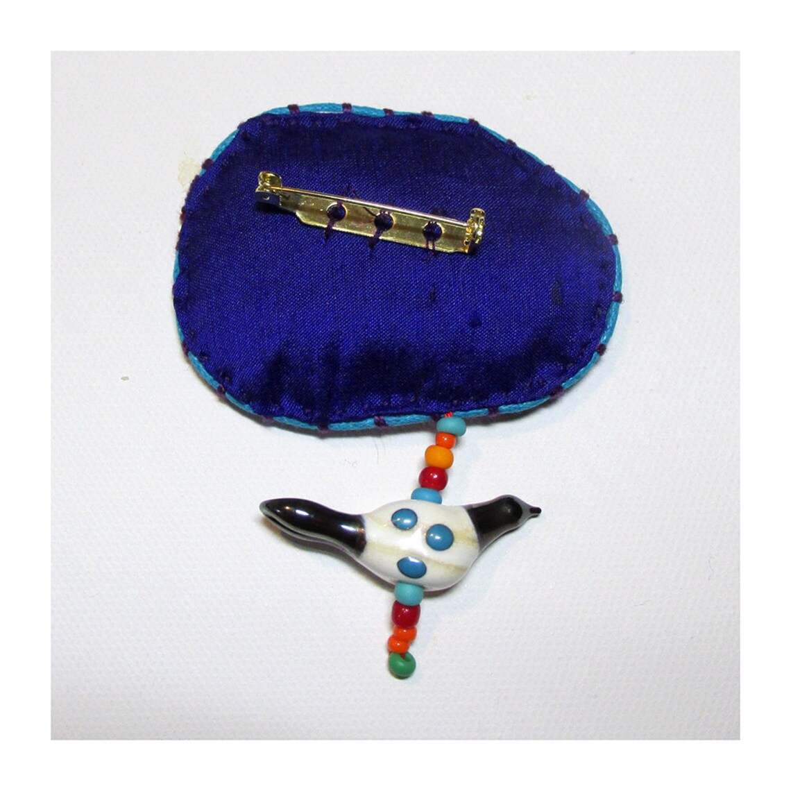 Hand Embroidered Eye Colorful Pin With Hand Blown Glass Spotted Bird ...