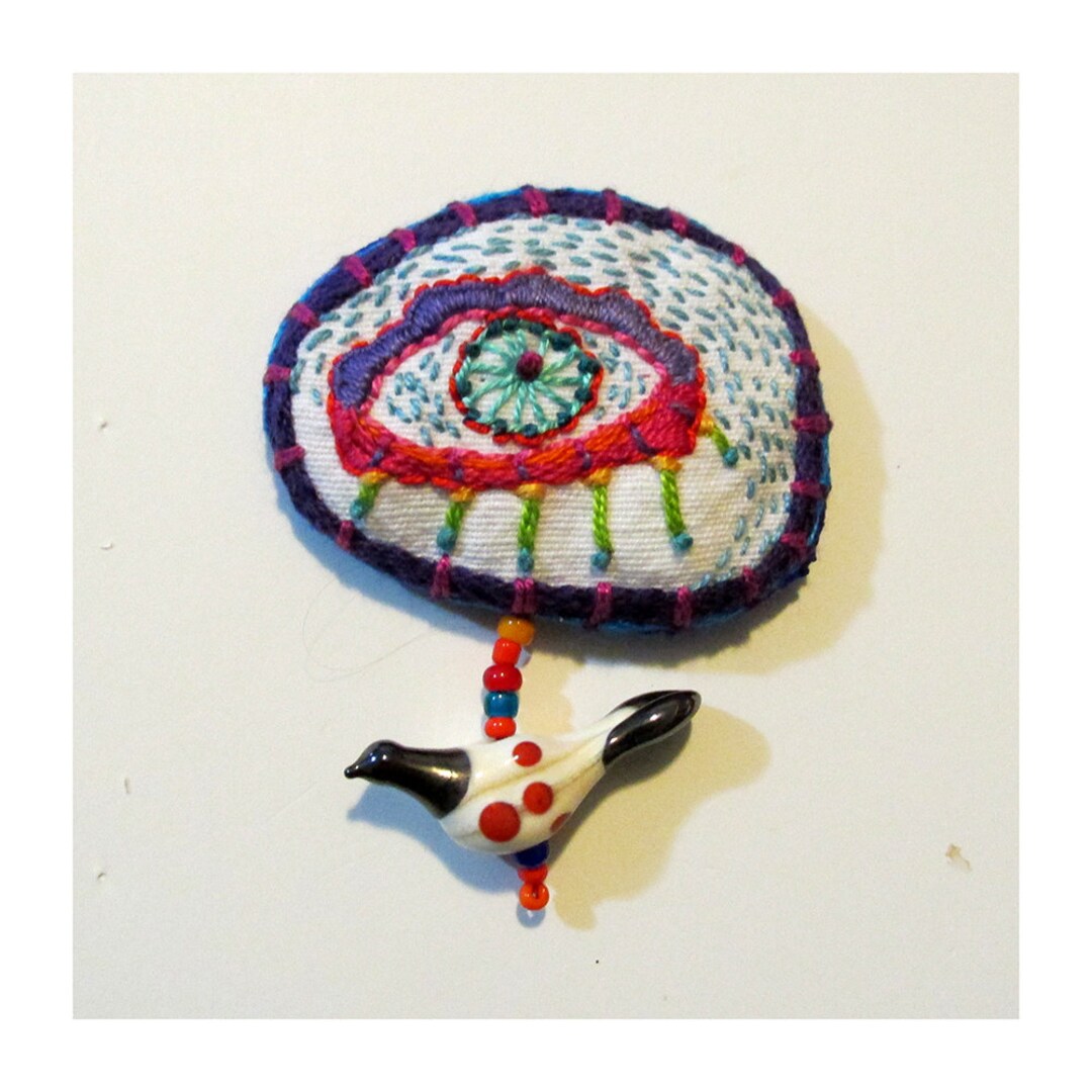 Hand Embroidered Eye Colorful Pin With Hand Blown Glass Spotted Bird - Etsy