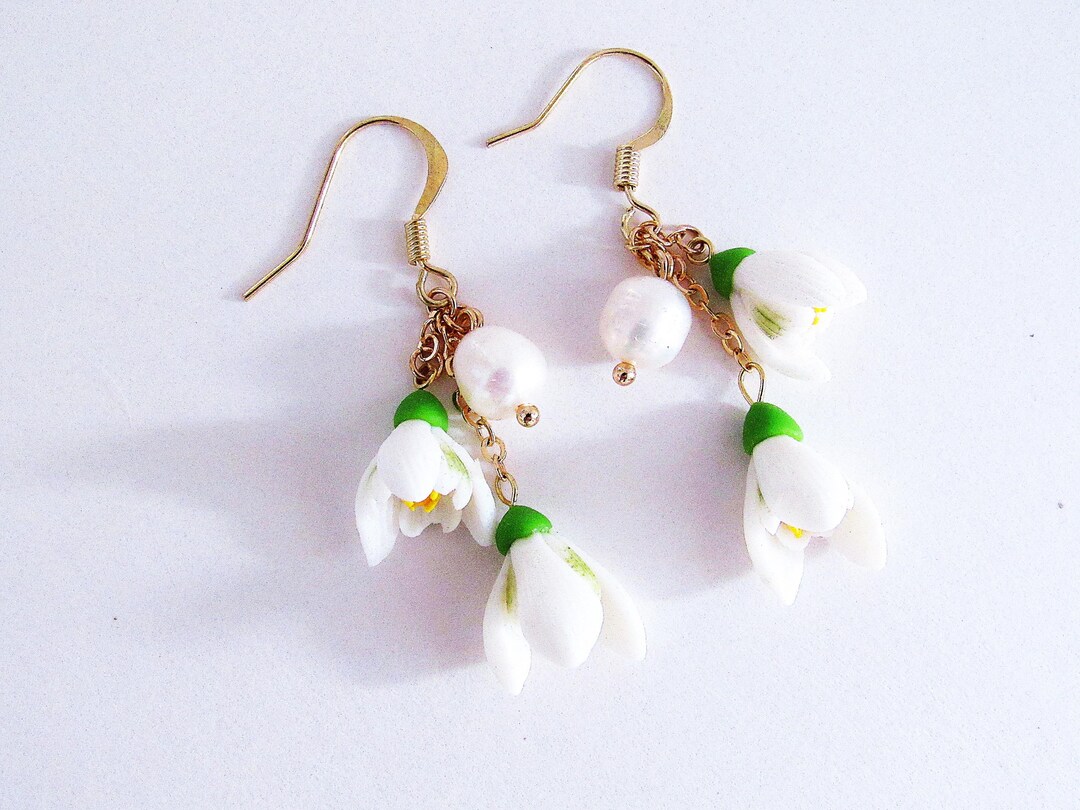 Snowdrop Polymer Clay Dangle Earrings. Cute Snowdrop With Natural Pearl ...
