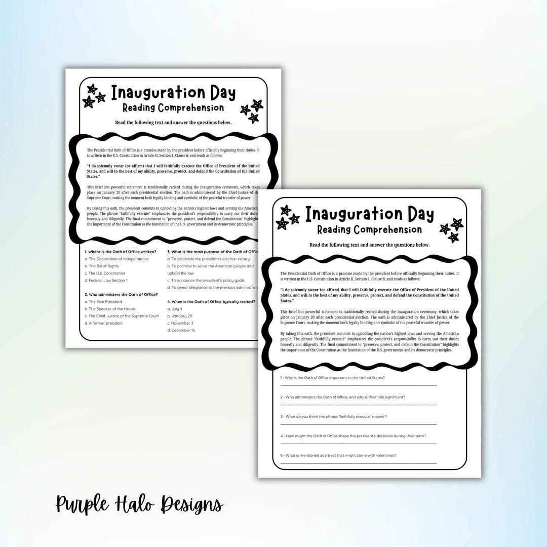 Inauguration Day Reading Comprehension Worksheet: US Civics Printable ...