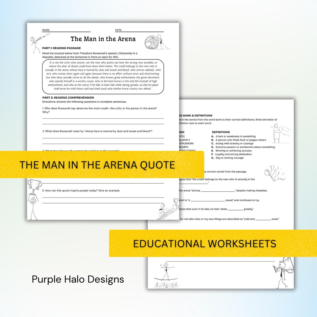 The Man in the Arena Worksheet Printable Theodore Roosevelt Educational ...