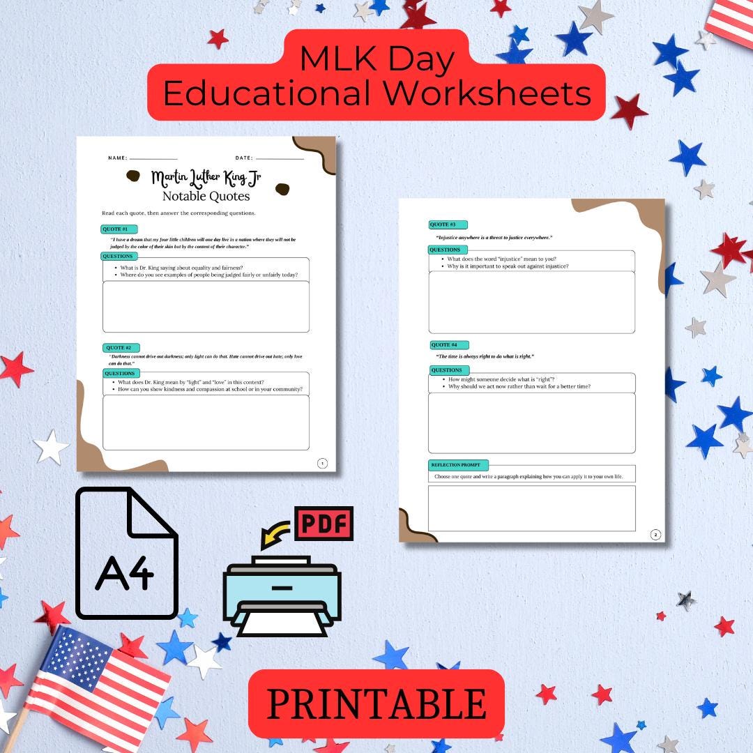 MLK Day Educational Worksheets for Middle Schoolers – Printable PDF ...