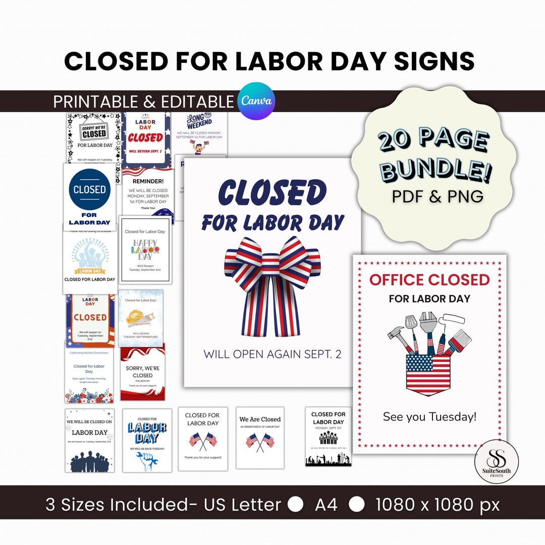 Labor Day Closure Sign Bundle: Printable Business Signs, Canva Template ...