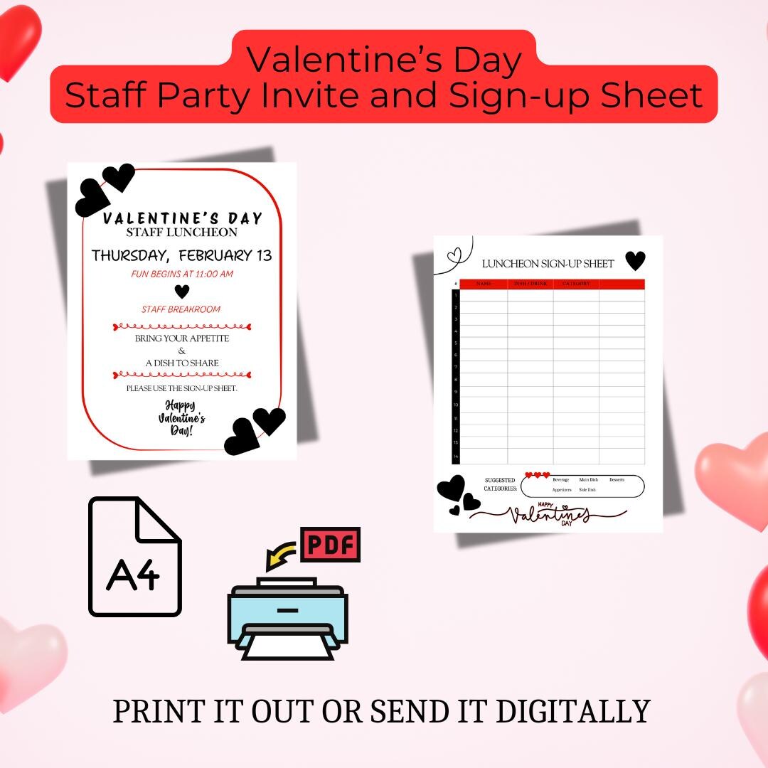 Valentine's Day Party Sign-up Sheet & Digitial Invitation Template ...