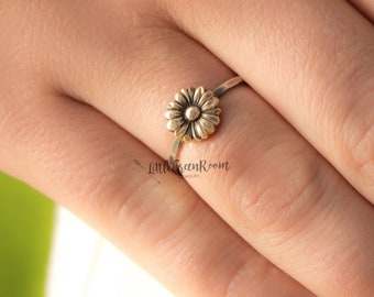 Yellow Sunflower Ring, Flower Stack Ring, Flower Ring, Silver Stack Ring, Sterling Silver, Boho ...