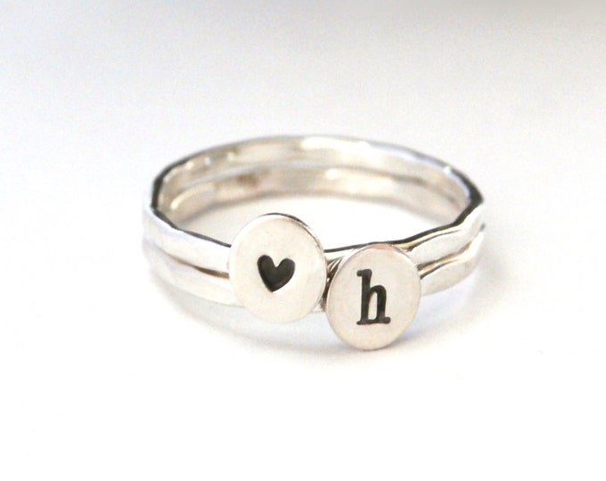 Stack Rings Heart Stack Ring Sterling Silver Custom Initial - Etsy