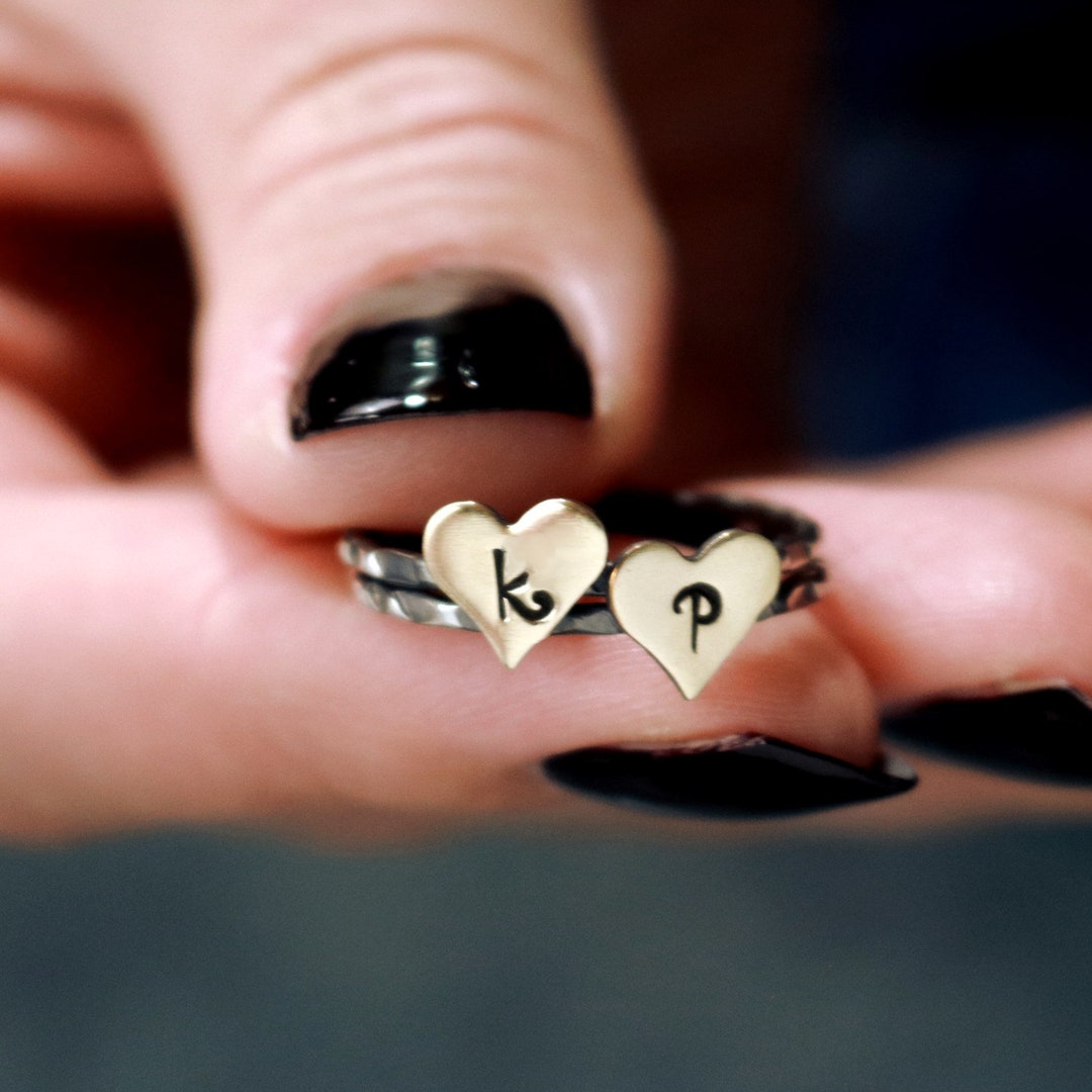 Custom Initial Heart Rings, Heart Stacking Ring, Sterling Band ...