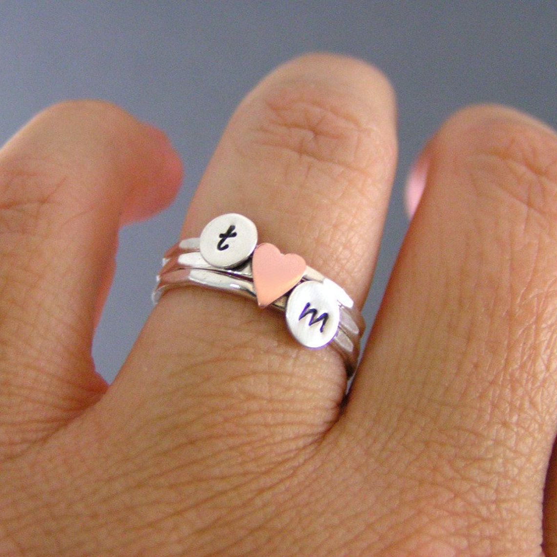 Custom Initial Sweetheart Stack Rings, Stack Rings, Sterling Silver Rings, Personalized Rings ...
