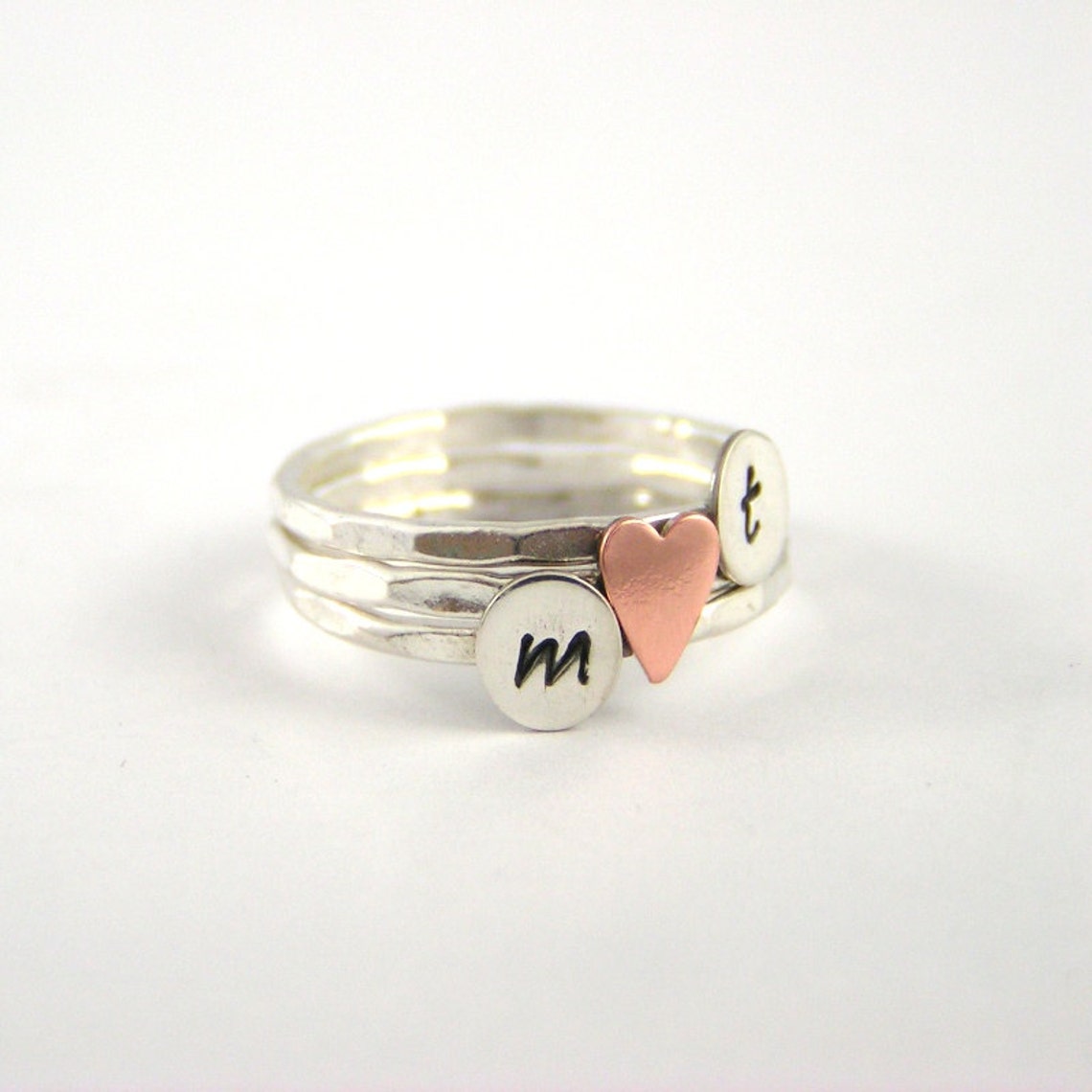 Custom Initial Sweetheart Stack Rings, Stack Rings, Sterling Silver Rings, Personalized Rings ...
