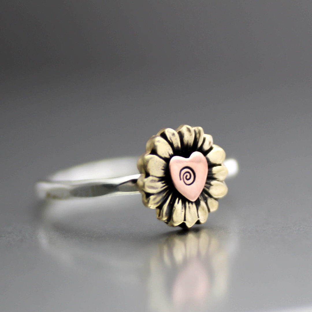 Yellow Sunflower Ring, Flower Ring, Sunflower Stack Ring, Heart Ring ...