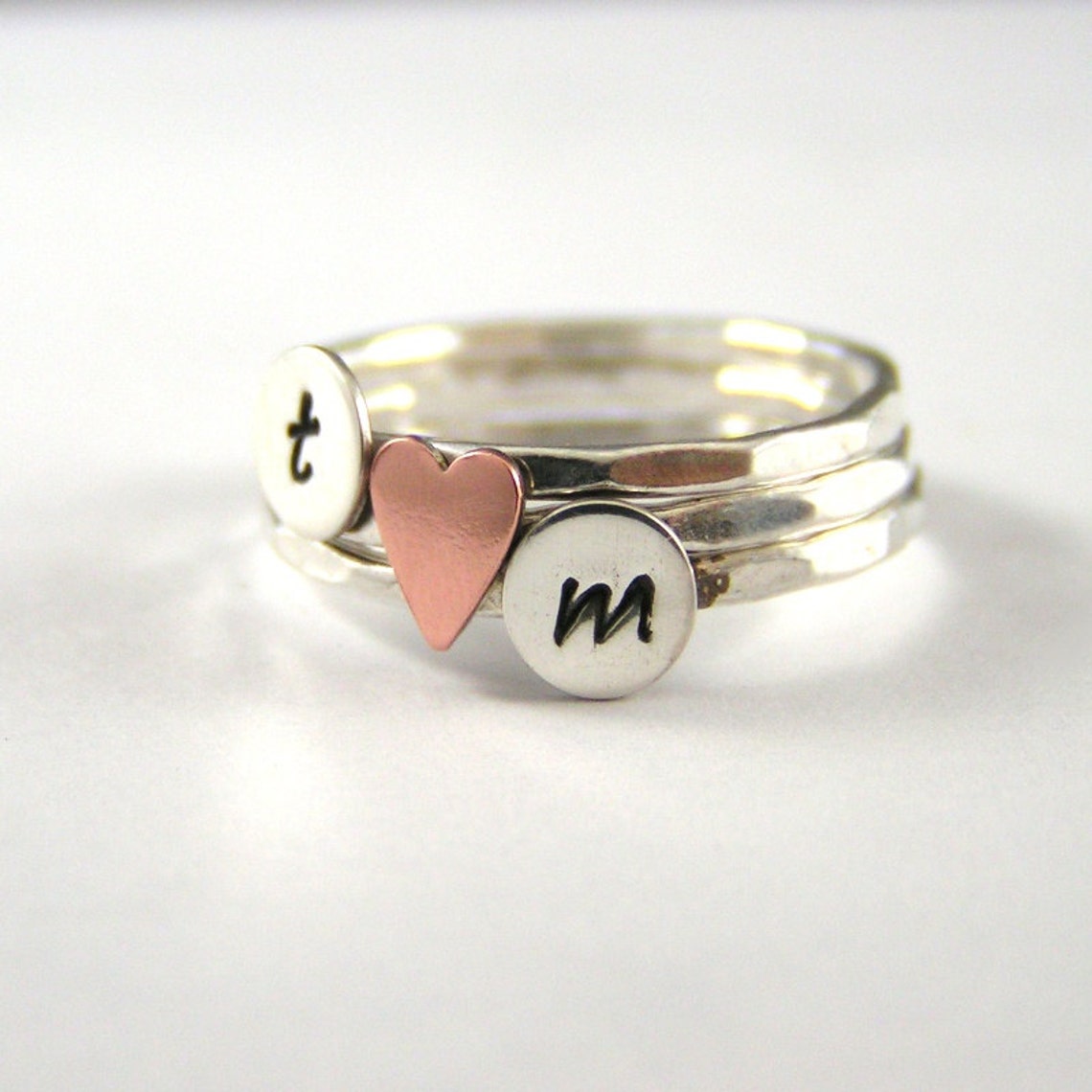 Custom Initial Sweetheart Stack Rings, Stack Rings, Sterling Silver Rings, Personalized Rings ...