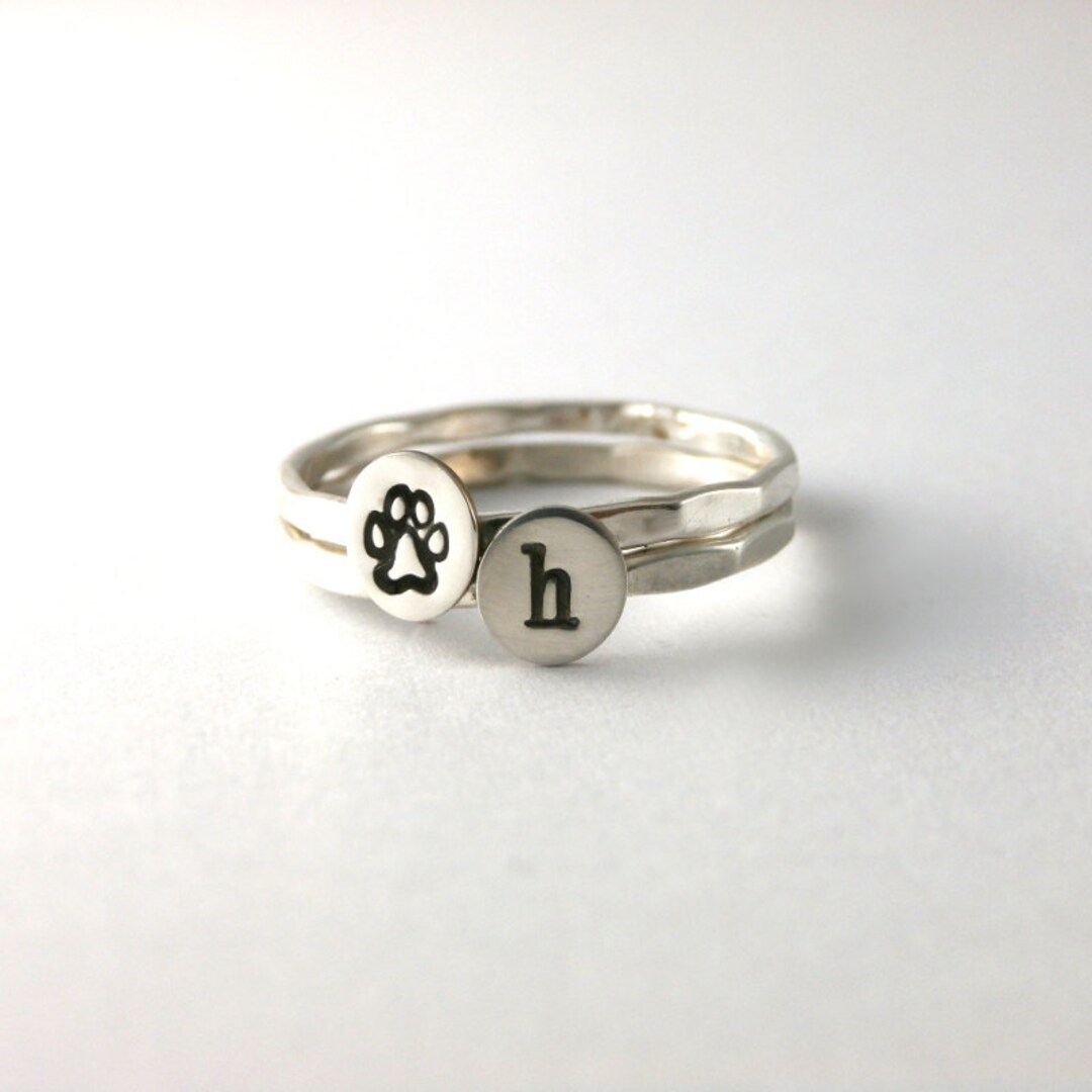 Paw Print Rings, Custom Block Initial Paw Print Rings, Sterling Silver ...