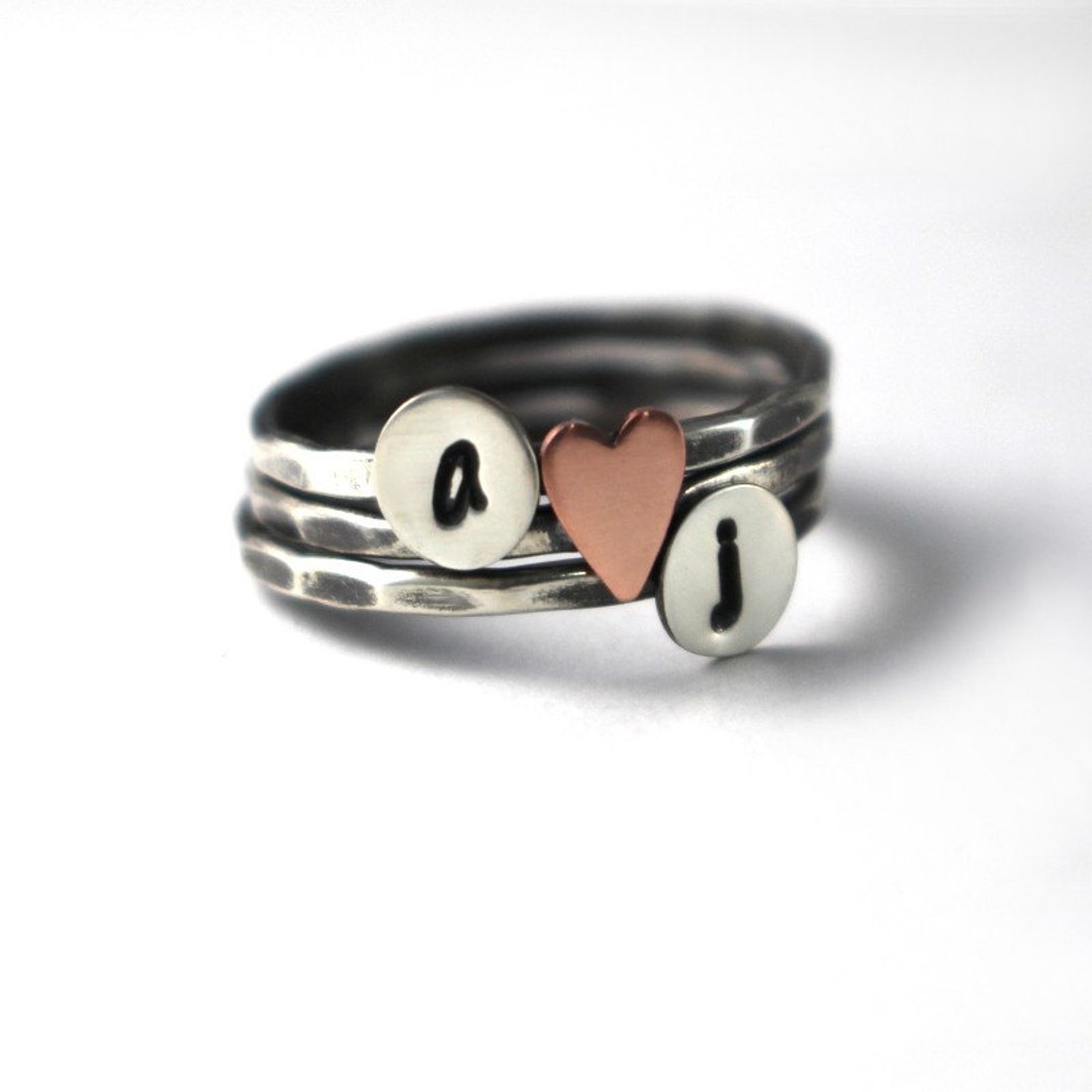 Custom Initial Sweetheart Rings, Stack Rings, Silver Rings, Initial Rings, Copper Heart Rings ...