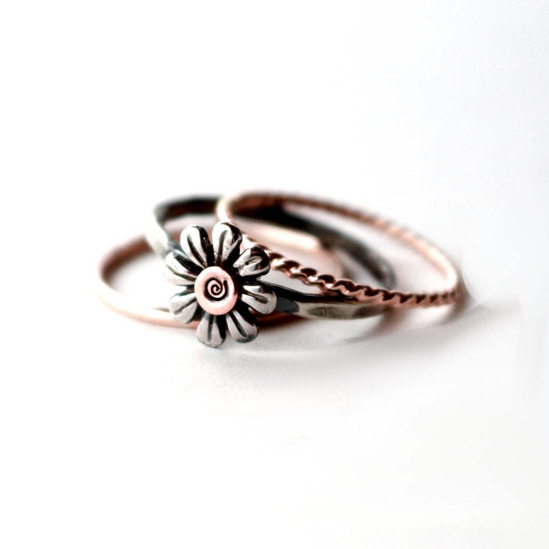 Silver Daisy Stacking Ring Set, Rose Gold Rings, Flower Ring, Boho ...