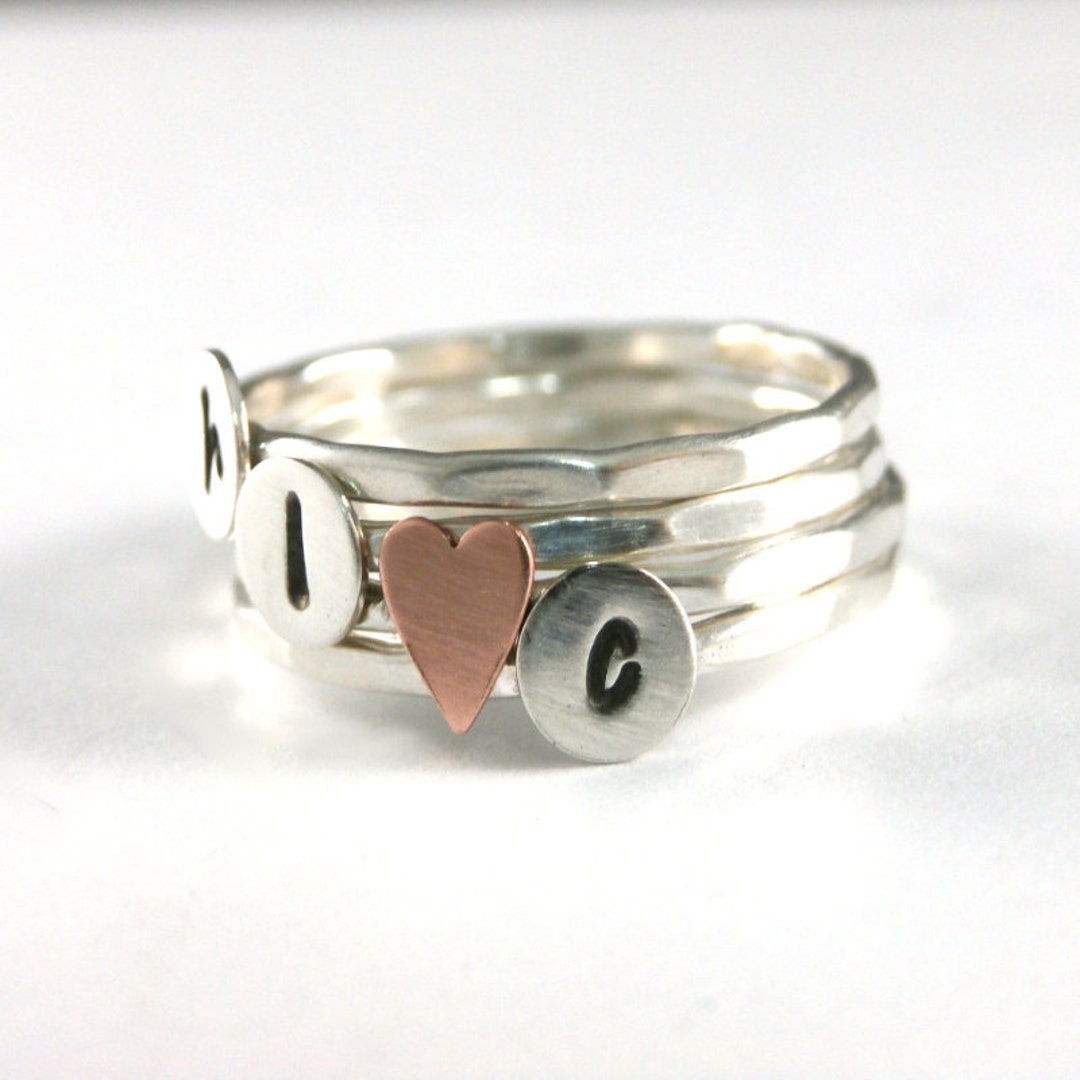 Mothers Ring, Stack Rings, Custom Initial Sweetheart Stack Rings, Sterling Silver Rings ...