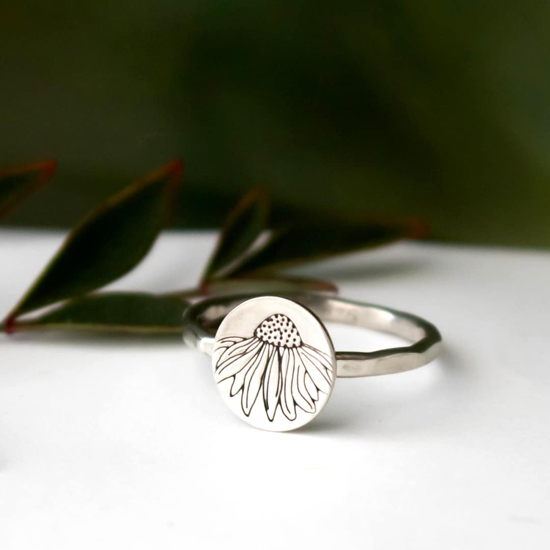 Engraved Flower Ring, Womens Stacking Ring, Custom Ring, Sterling ...