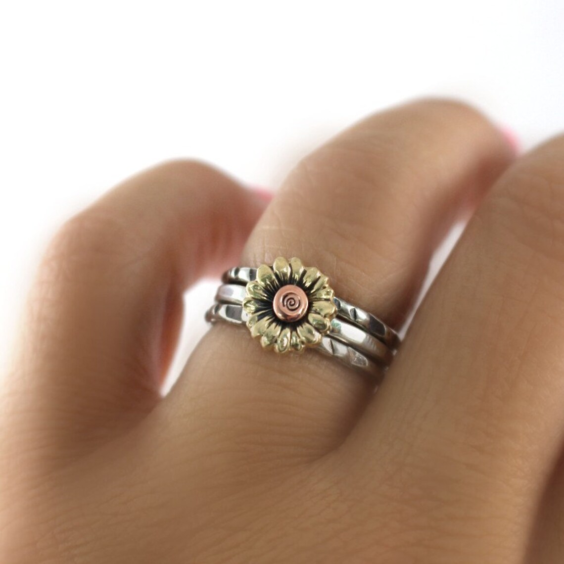 Sunflower Ring, Silver Ring, Stack Ring, Stack Band, Band, Silver Stack Ring, Flower Ring ...