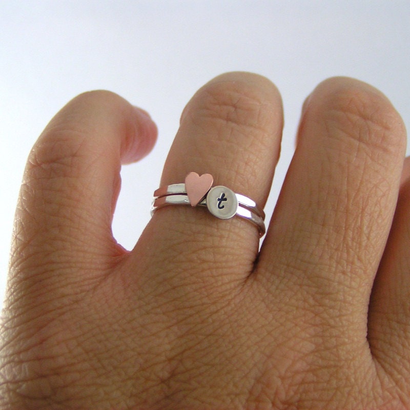 Custom Initial Ring Copper Heart Ring Sterling Silver Ring - Etsy
