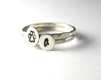 Paw Print Rings, Custom Block Initial Paw Print Rings, Sterling Silver ...