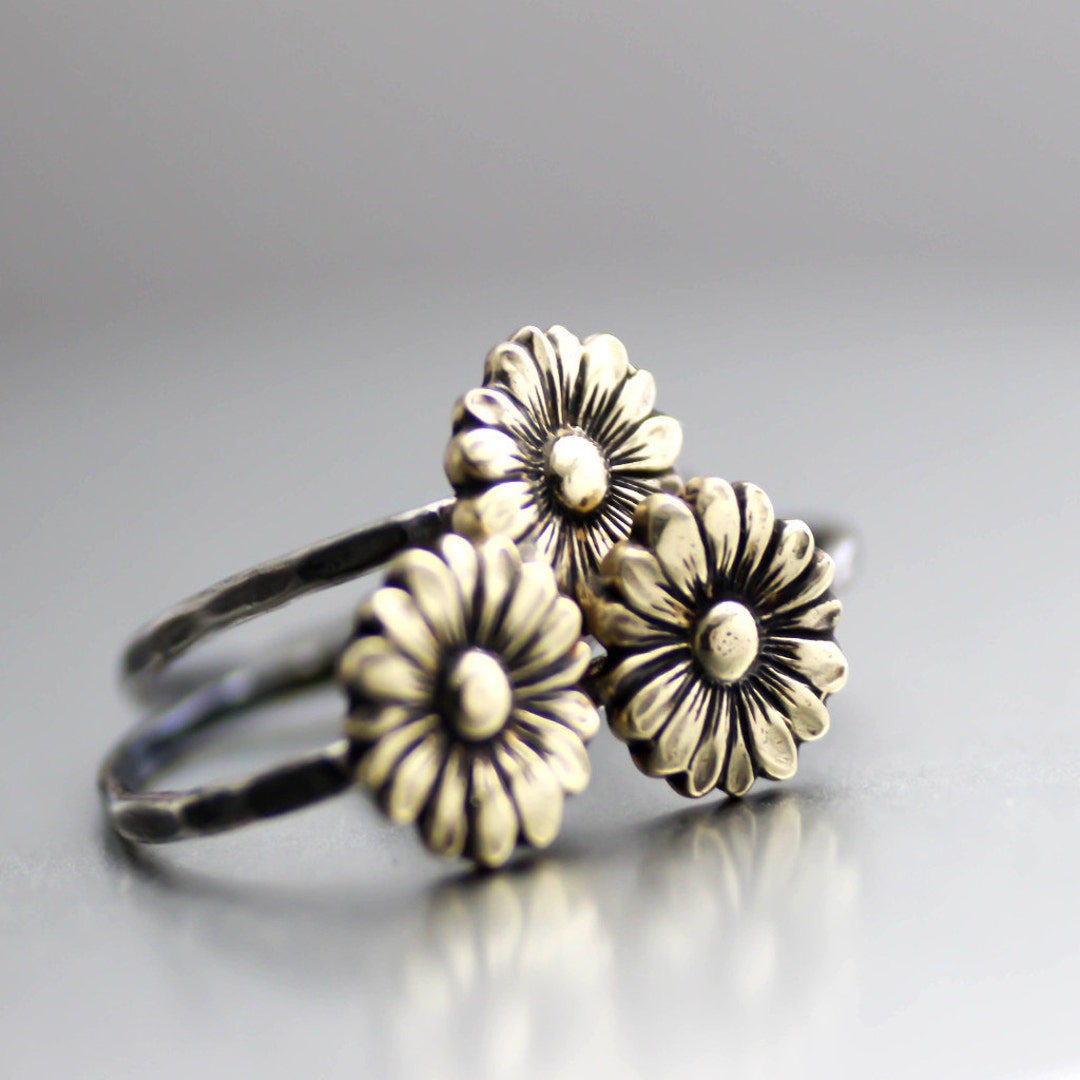 Boho Sunflower Ring, Flower Stack Ring, Flower Ring, Silver Stack Ring, Sunflower Stack Ring ...