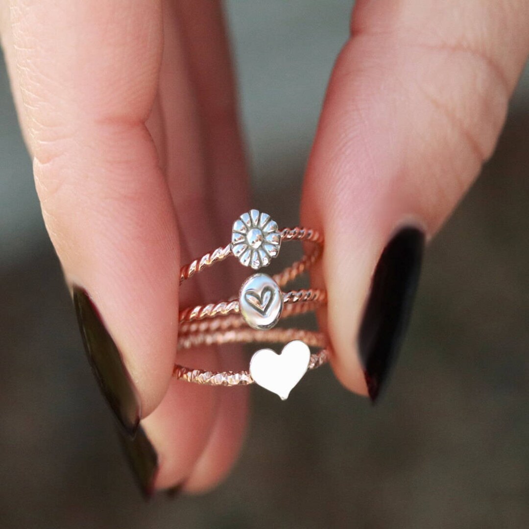 Rose Gold Filled Stack Ring, Flower Ring, Heart Ring, Sterling Ring ...