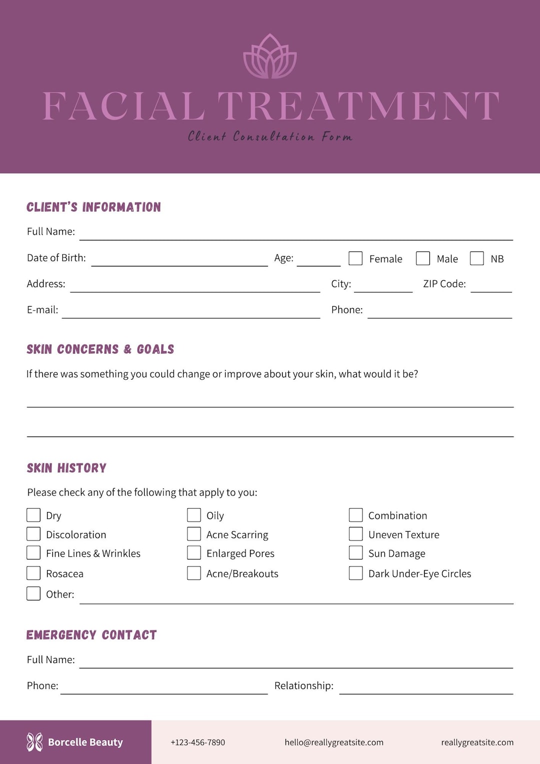 Editable Professional Facial Treatment Client Consultation Form ...