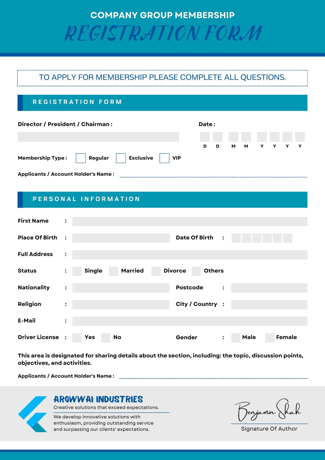 Editable Modern Corporate Business Membership Form A4 Document ...