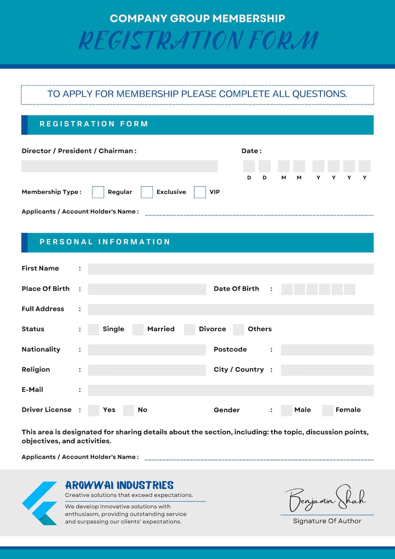 Editable Modern Corporate Business Membership Form A4 Document ...
