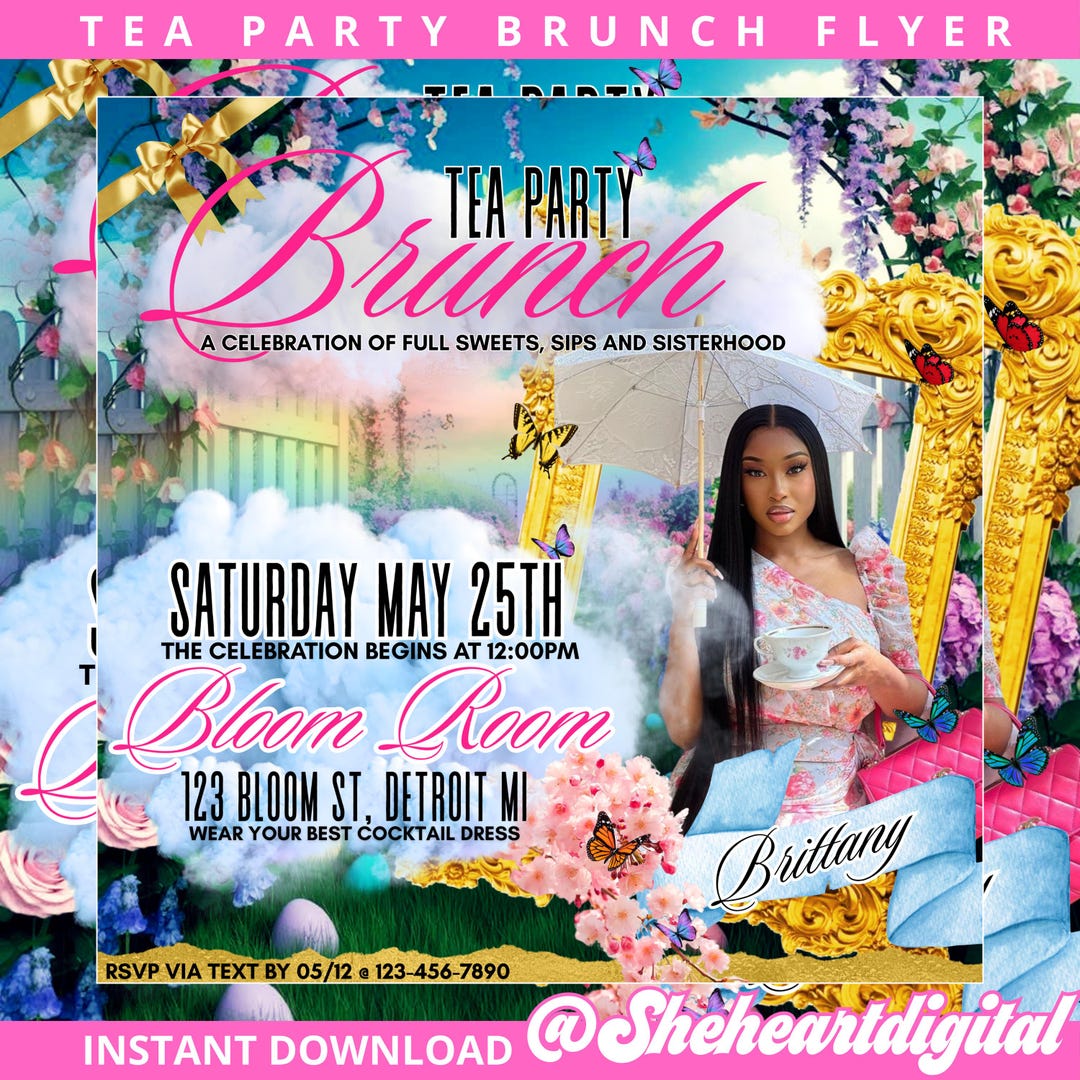 Tea & Mimosas Birthday Brunch Flyer: Editable Template (digital ...