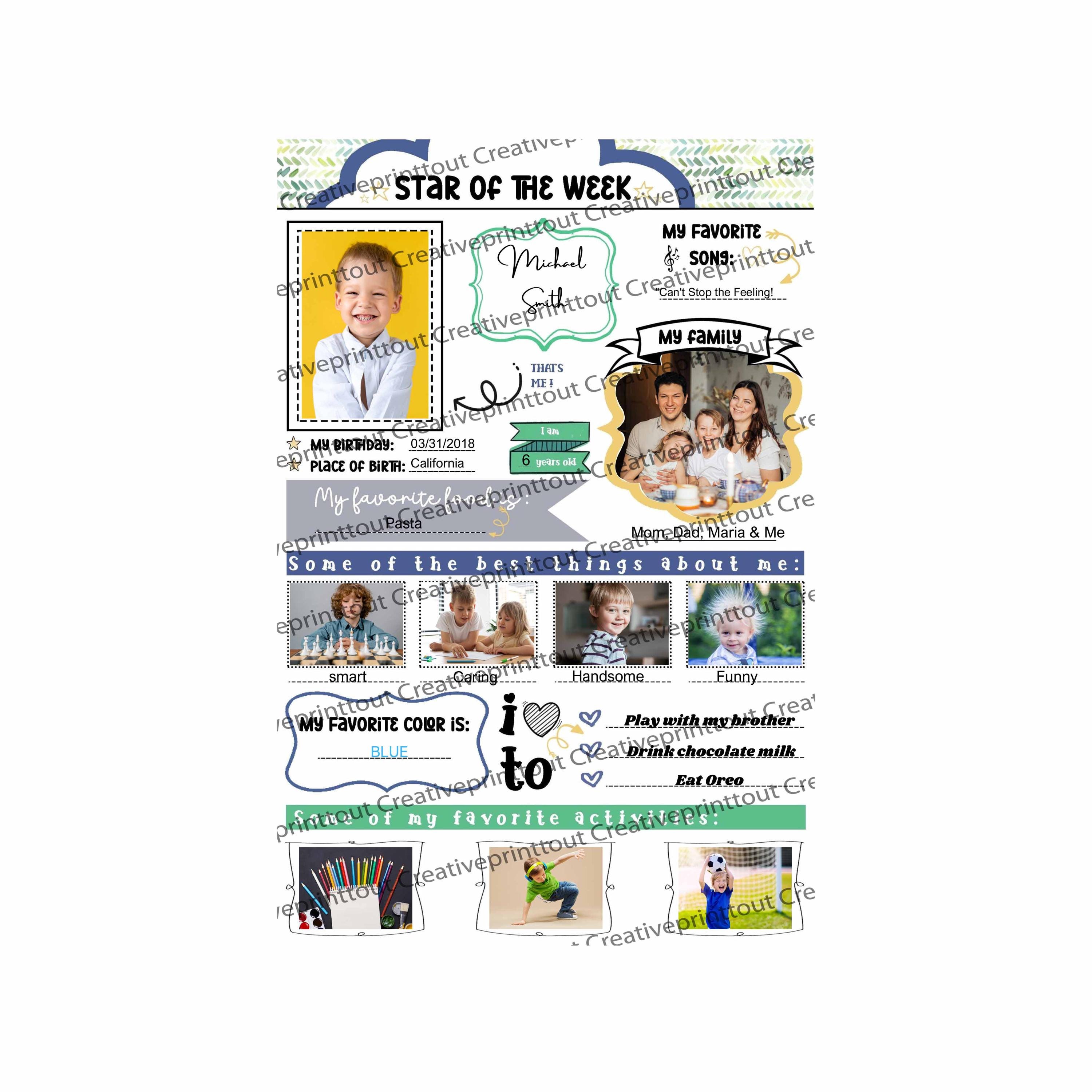 Customised, All About Me, Star of the Week, Boys, School Project ...