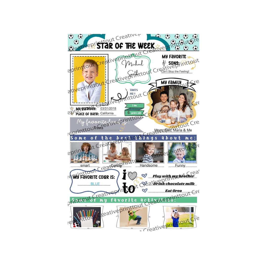 Star of the Week, All About Me Poster, Editable Canva, Soccer ...