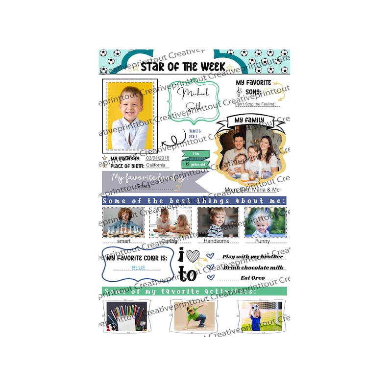 Star of the Week, All About Me Poster, Editable Canva, Soccer ...