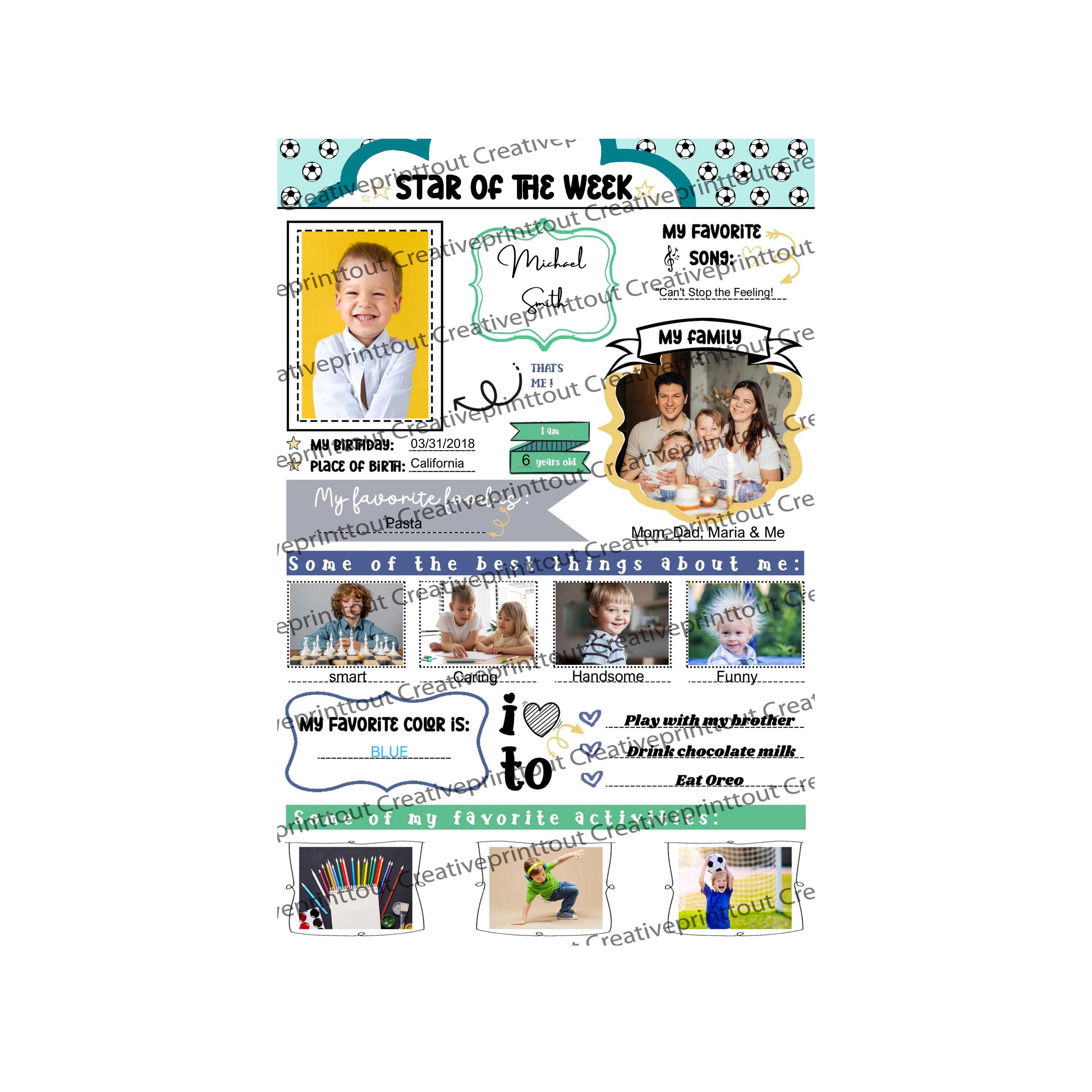 Star of the Week, All About Me Poster, Editable Canva, Soccer ...