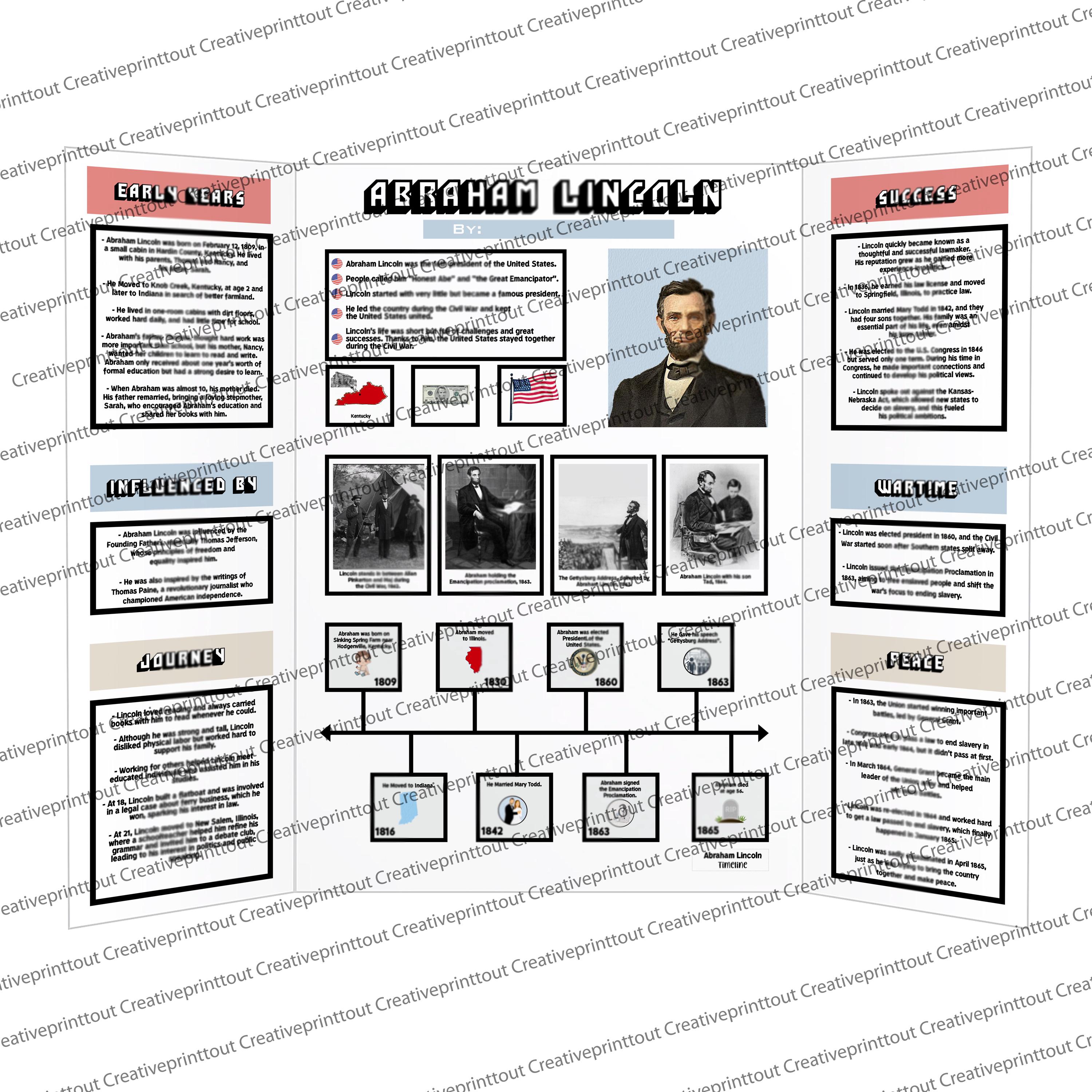 Abraham Lincoln Trifold , Digital, 12 Sheets on A4, Wax Museum, School ...