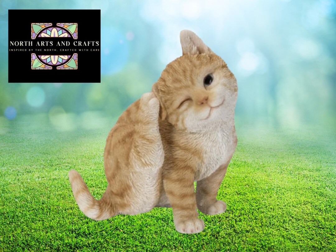 Yellow Cat Scratching Ear Statue – Realistic Resin Animal Statue for ...