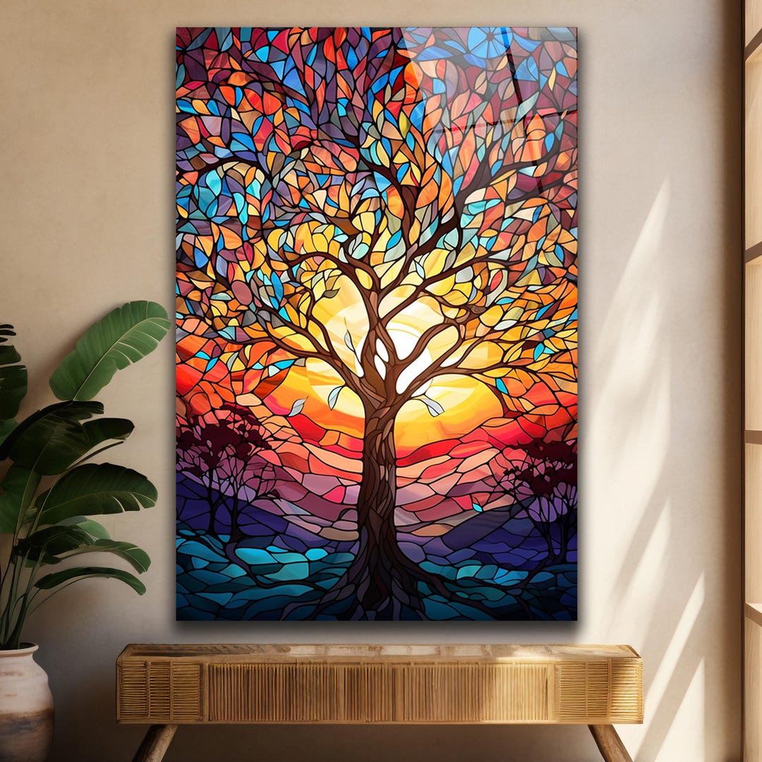 Stained Glass Tree of Life Wall Art, Large Tempered Glass Print, Glass ...