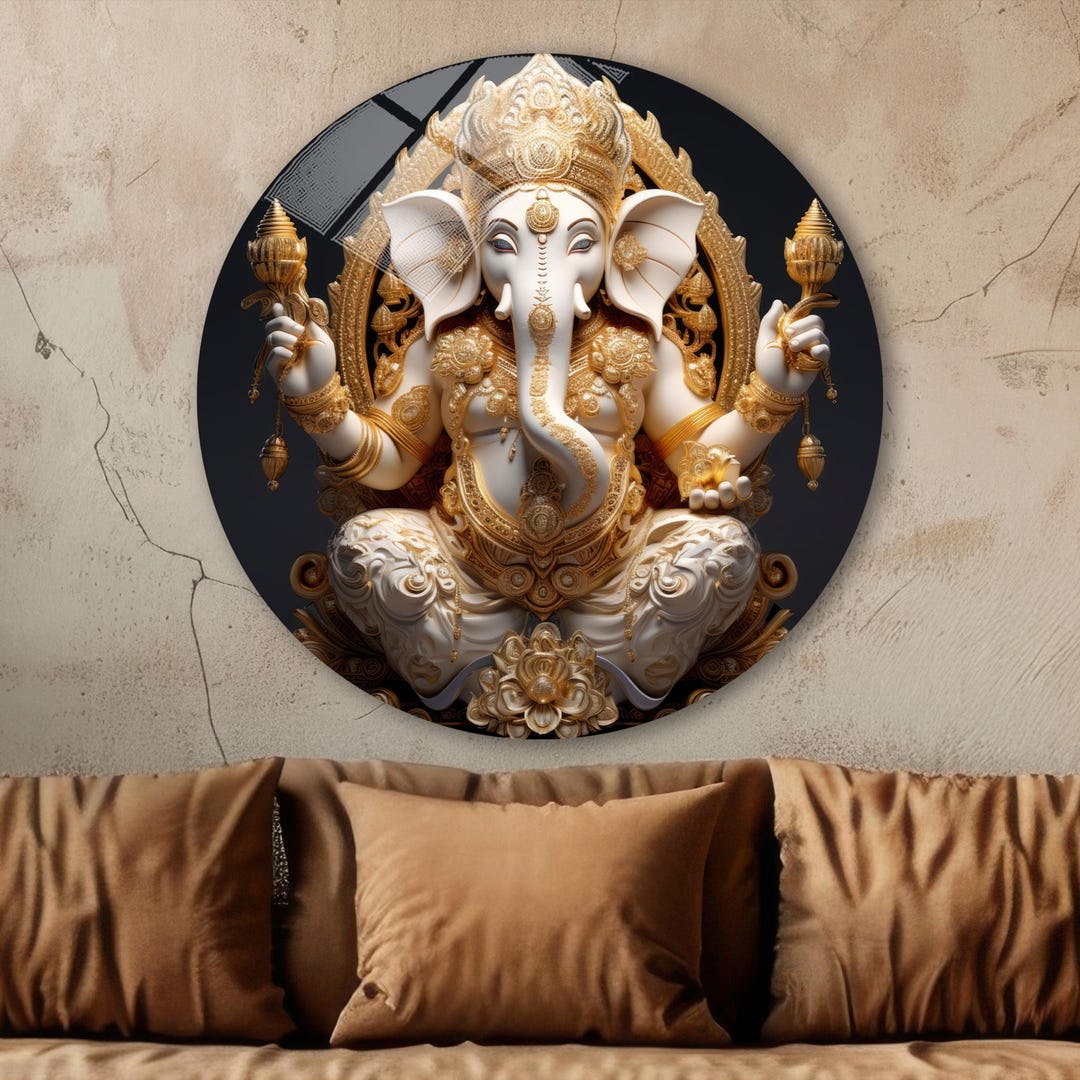 Round Ganesha Sculpture Glass Wall Art, Bohemian Wall Art, Ganesh Wall ...