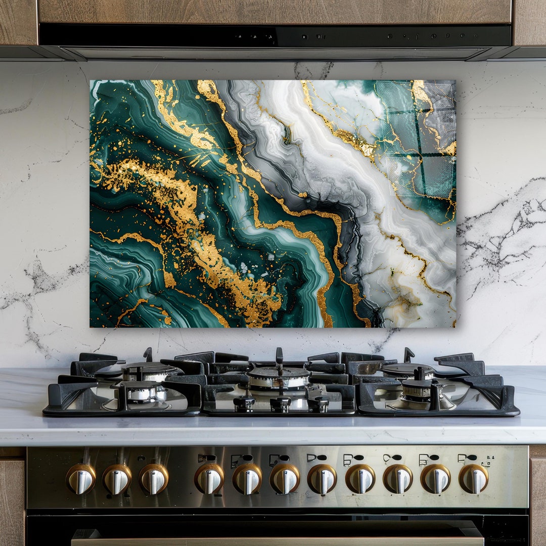 Green Abstract Marble With Gold Veins Glass Wall Art, Kitchen ...